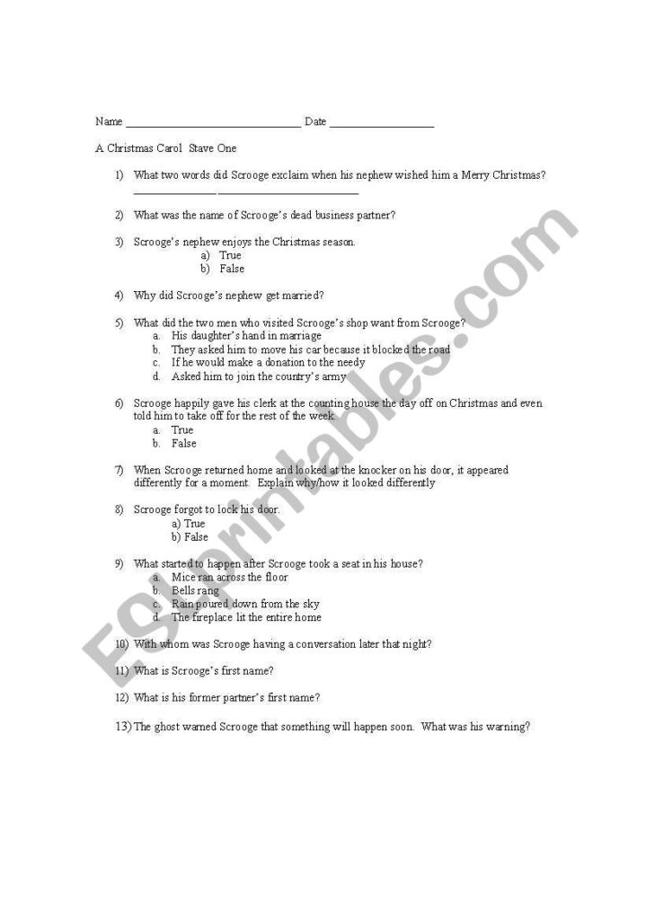 A Christmas Carol Worksheet Stave 1 | AlphabetWorksheetsFree.com