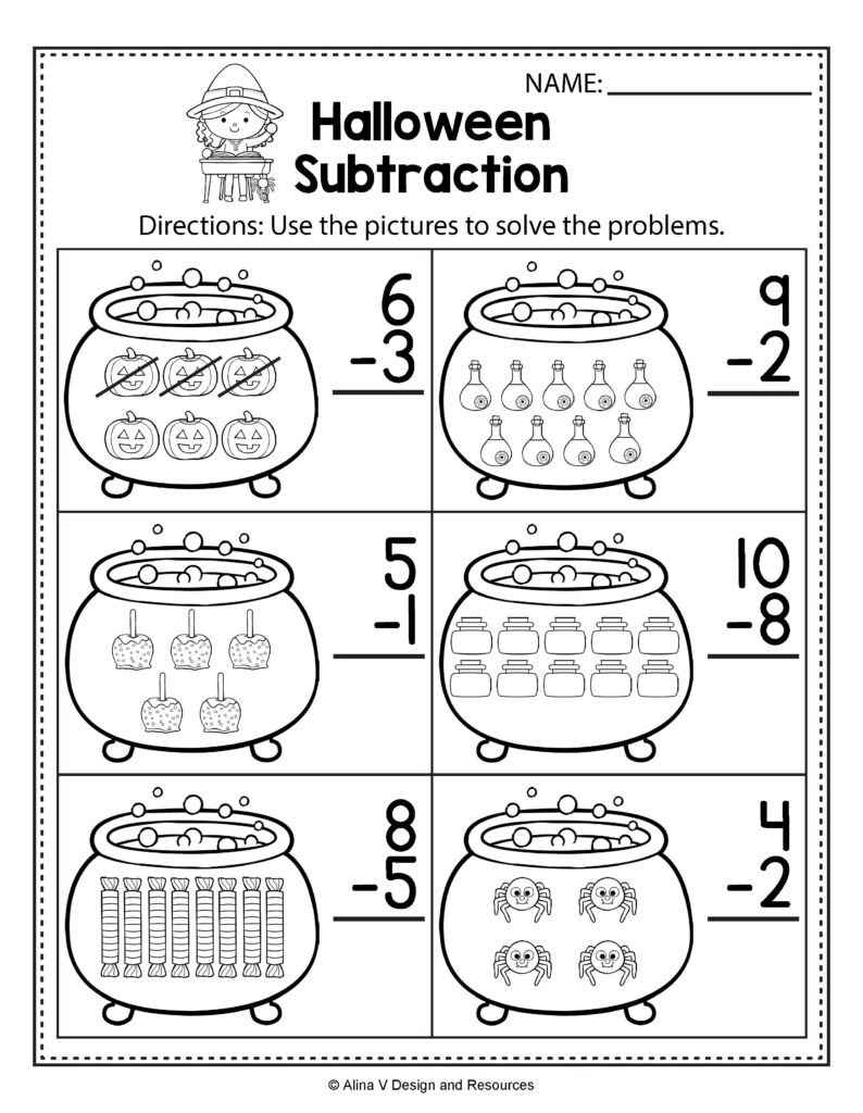 First Grade Halloween Subtraction Worksheets | AlphabetWorksheetsFree.com