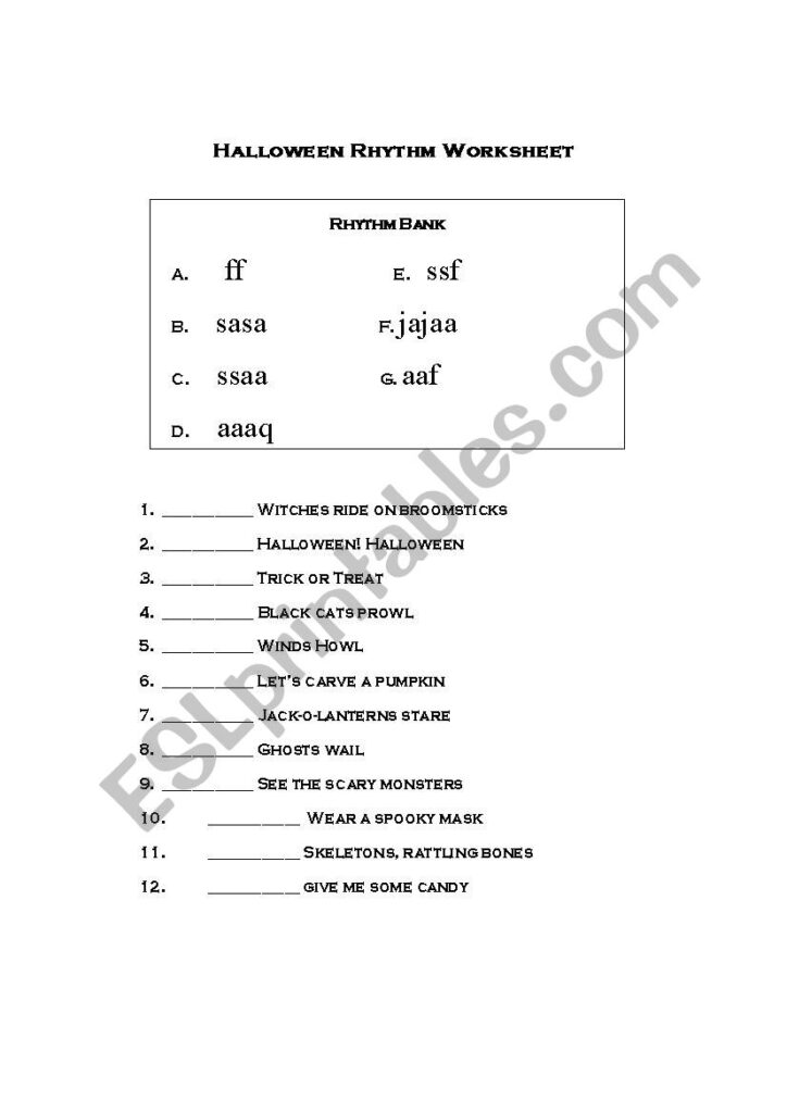 Halloween Rhythm Worksheet | AlphabetWorksheetsFree.com