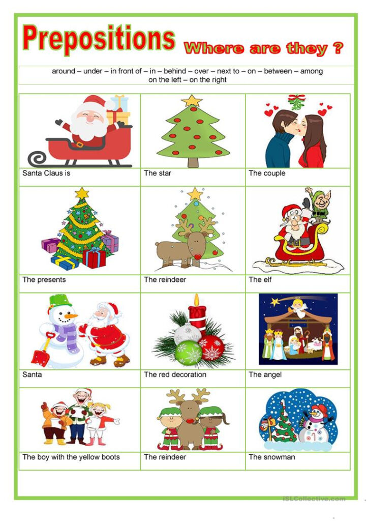 Christmas Prepositions Worksheet | AlphabetWorksheetsFree.com