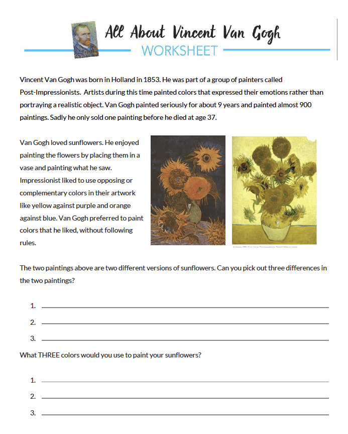 Vincent Van Gogh Printable Worksheets | AlphabetWorksheetsFree.com