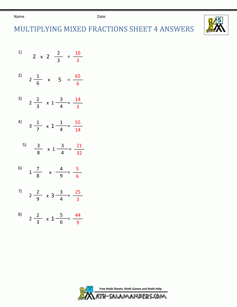 Multiplying Mixed Fractions – AlphabetWorksheetsFree.com